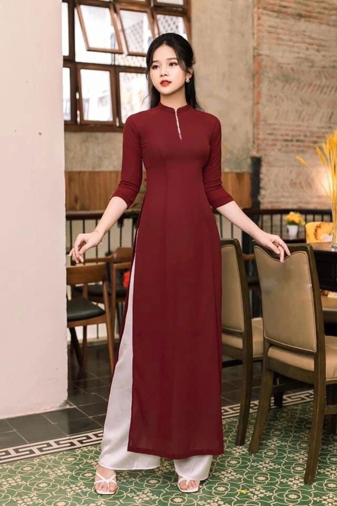 Dark Red Silk Woman Ao Dai Set: Vietnamese Traditional Dress With Pants ...