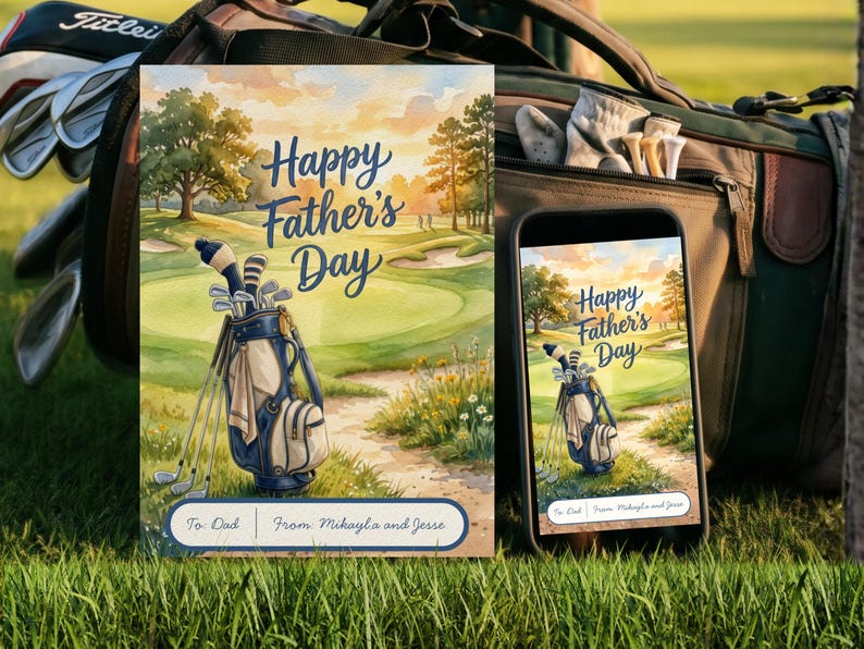 Golf Father's Day Card Canva Template, Printable 5x7 Watercolor Dad ...
