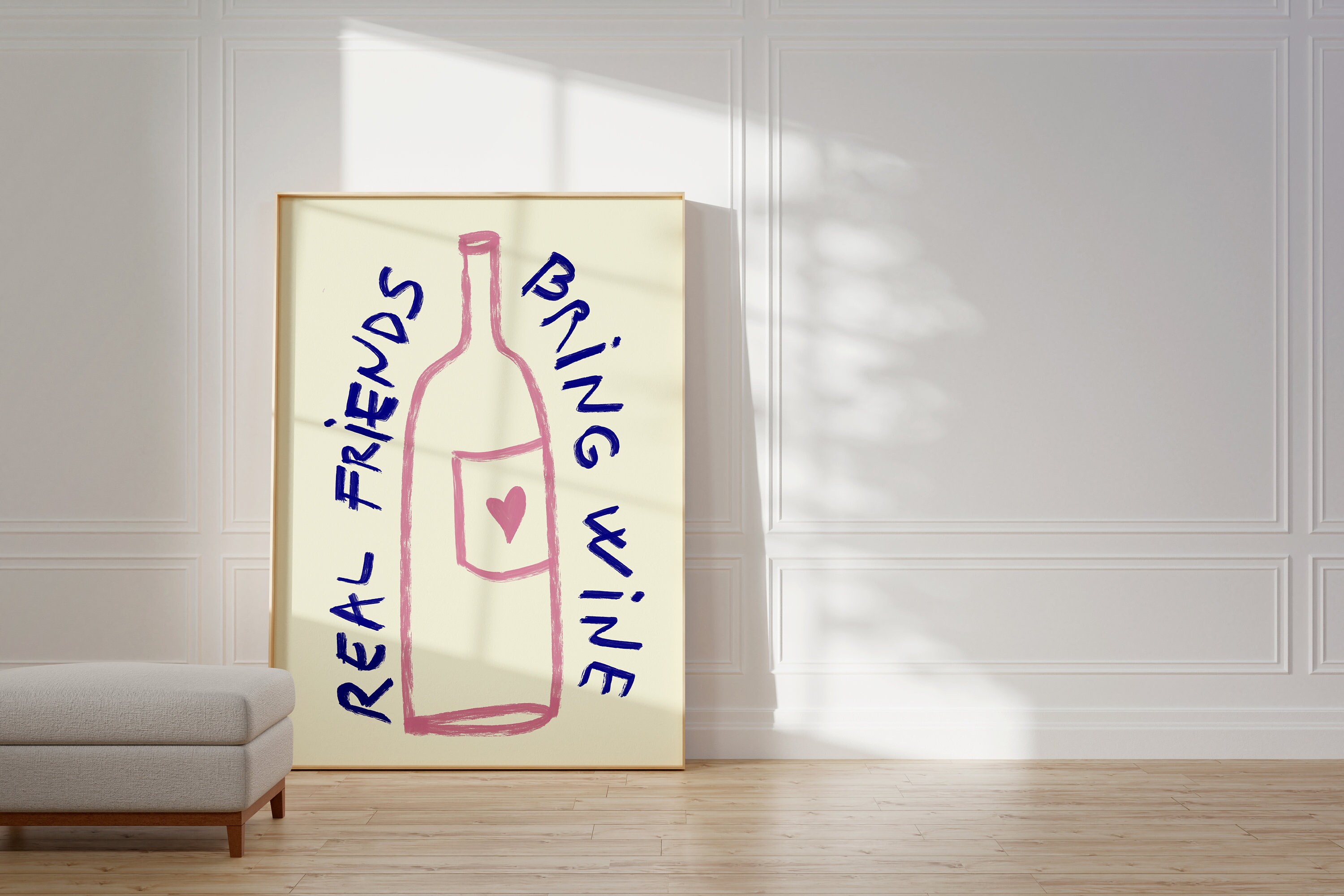 Real Friends Bring Wine Print, Kitchen Wall Art, Hand Drawn Sketch ...