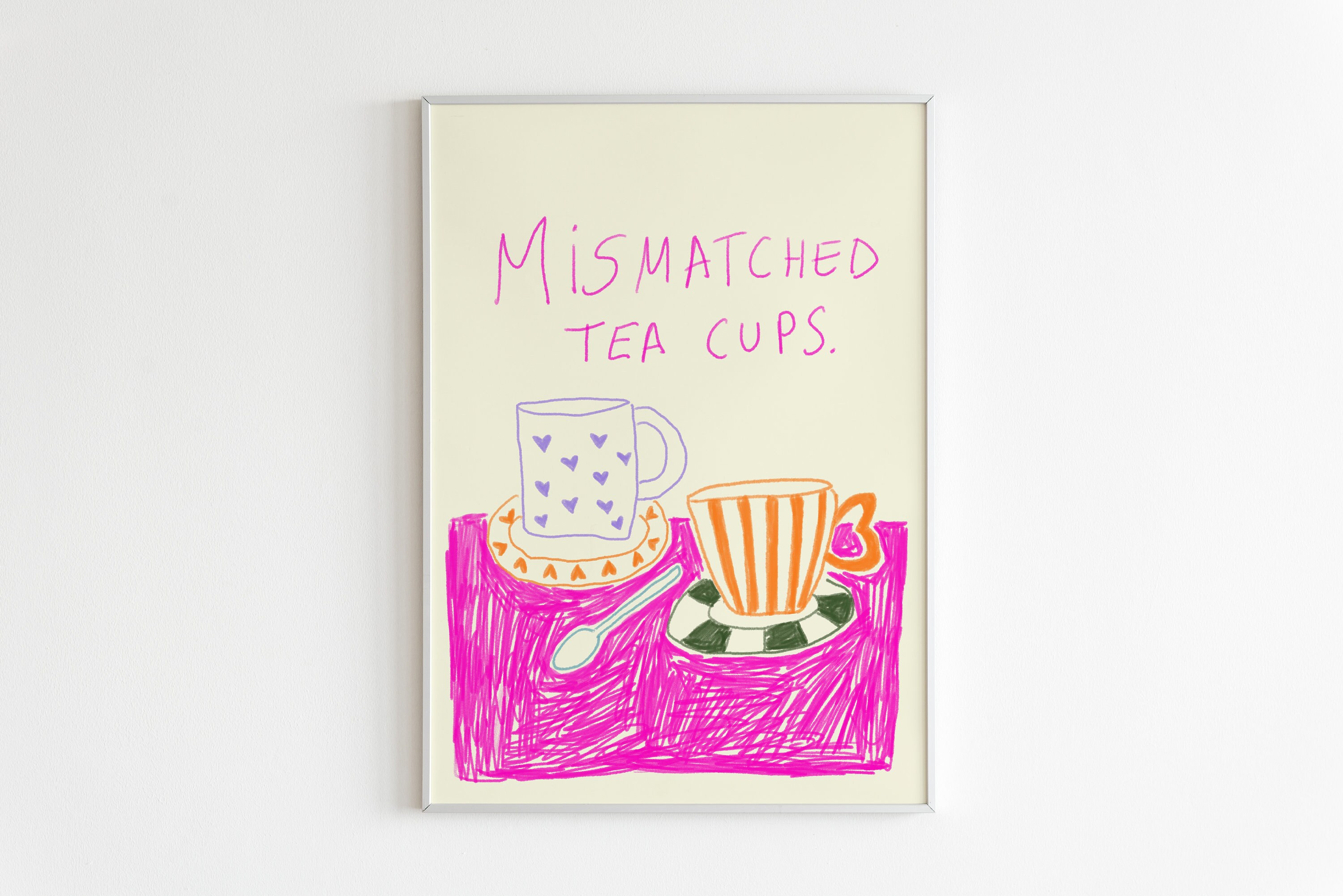 Tea Cups Art Print, Kitchen Wall Art for Tea Lovers, Colorful Funky ...