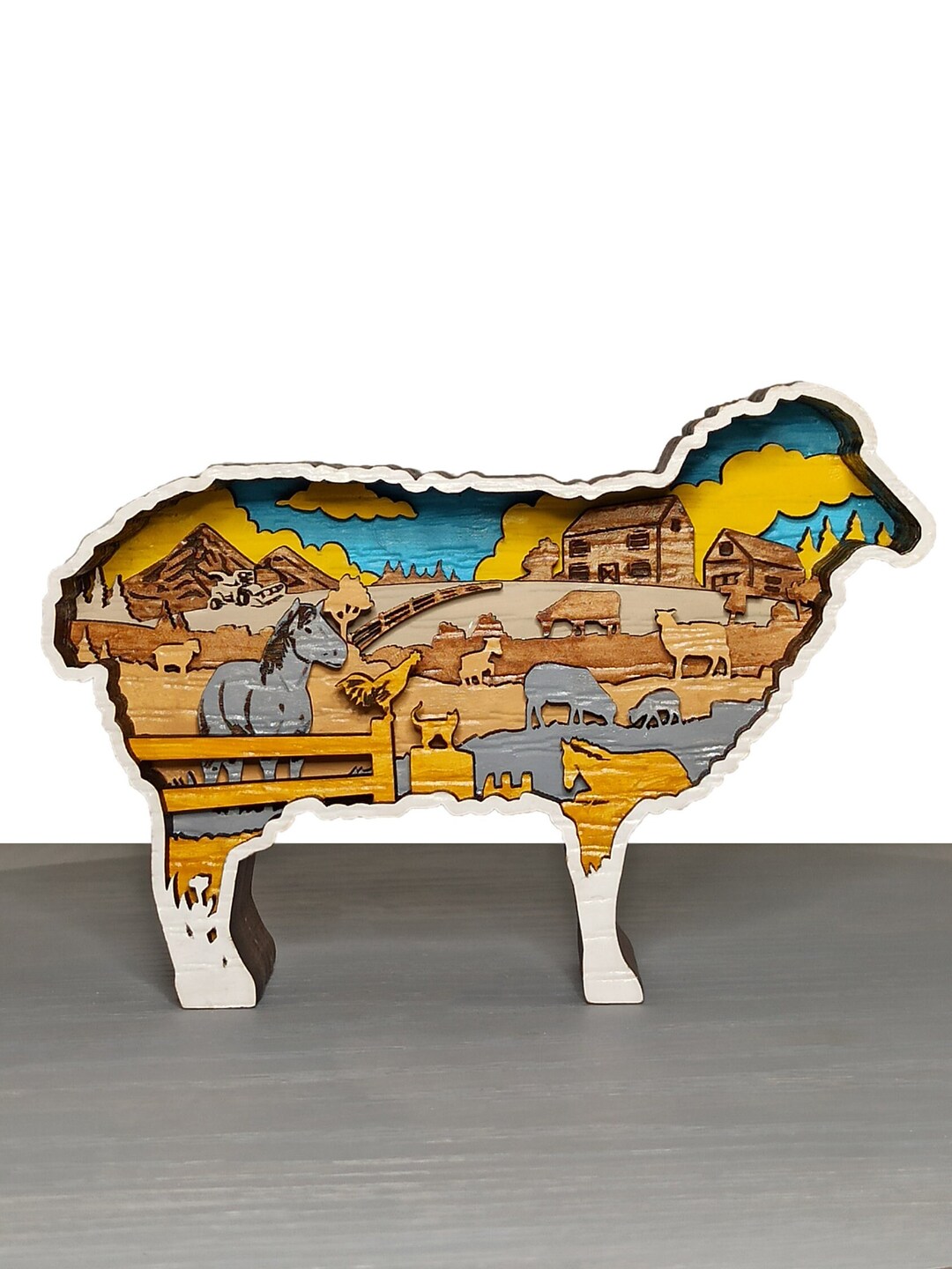 3D Wooden Farm Animals Decoration, Wood Carving, Wooden Sheep Cow Scene ...