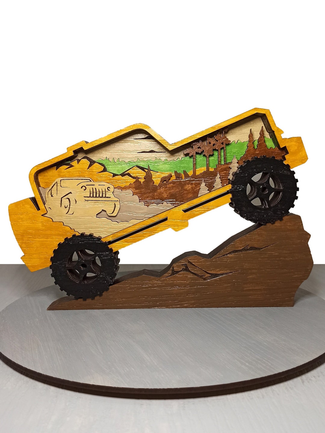 Wood Carved off Road Vehicle: 3D Forest Scene Desktop Ornament - Etsy