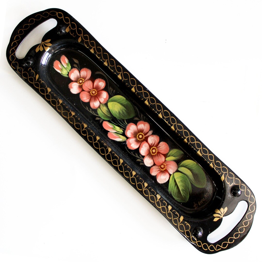 Authentic Zhostovo Floral Hand-painted Black Metal Tray 10 X3 ...