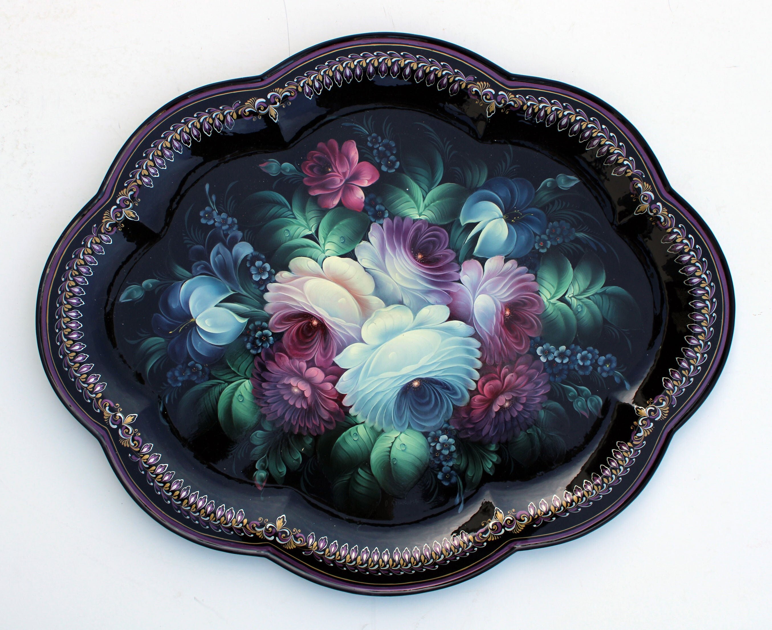 One of a Kind Authentic Zhostovo Hand-painted Metal Tray by Olga ...