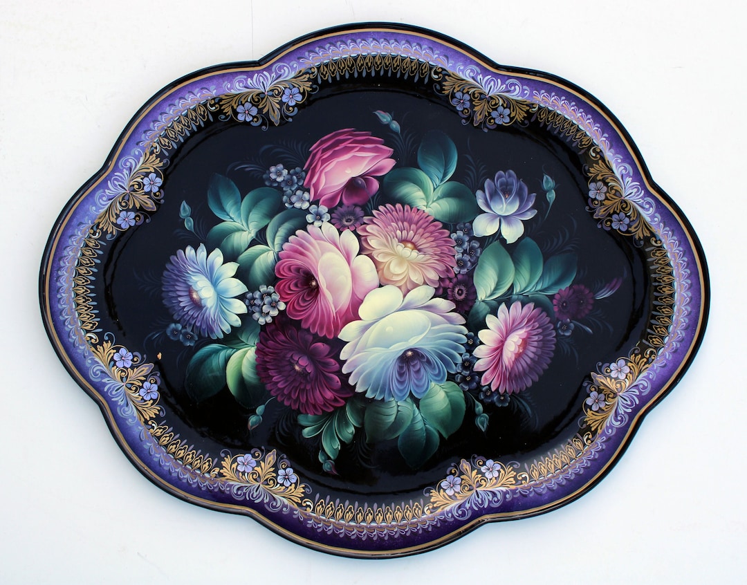 One of a Kind Authentic Zhostovo Hand-painted Metal Tray by Olga ...