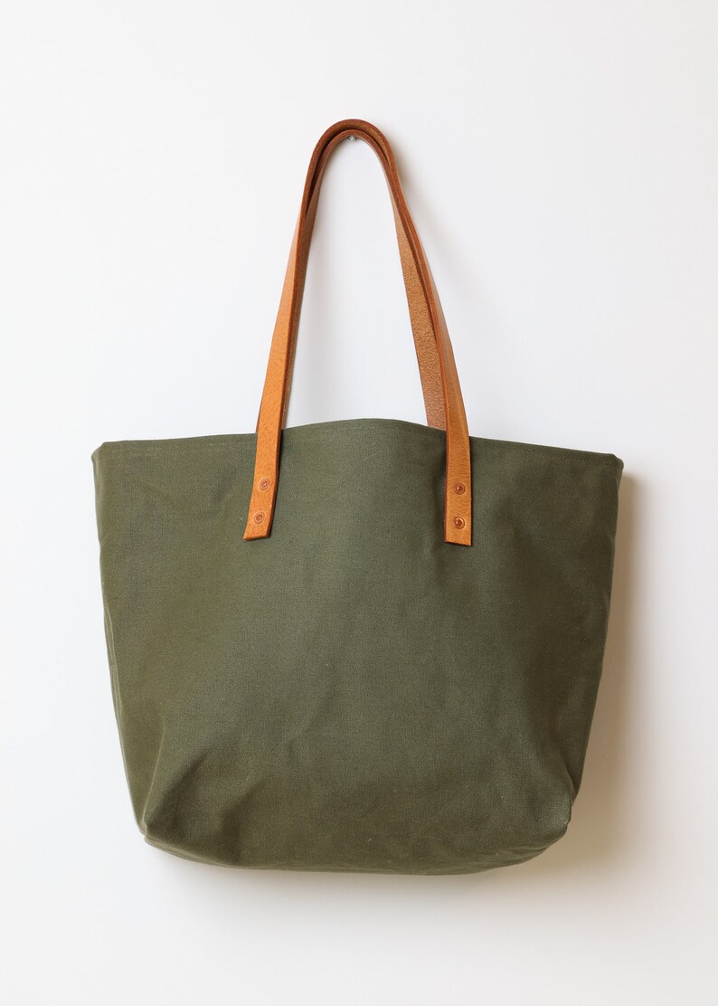 Green Canvas Tote With Leather Handles - Etsy