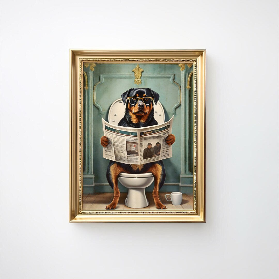 Rottweiler Animal on Toilet Reading Newspaper | Bathroom Pictures ...