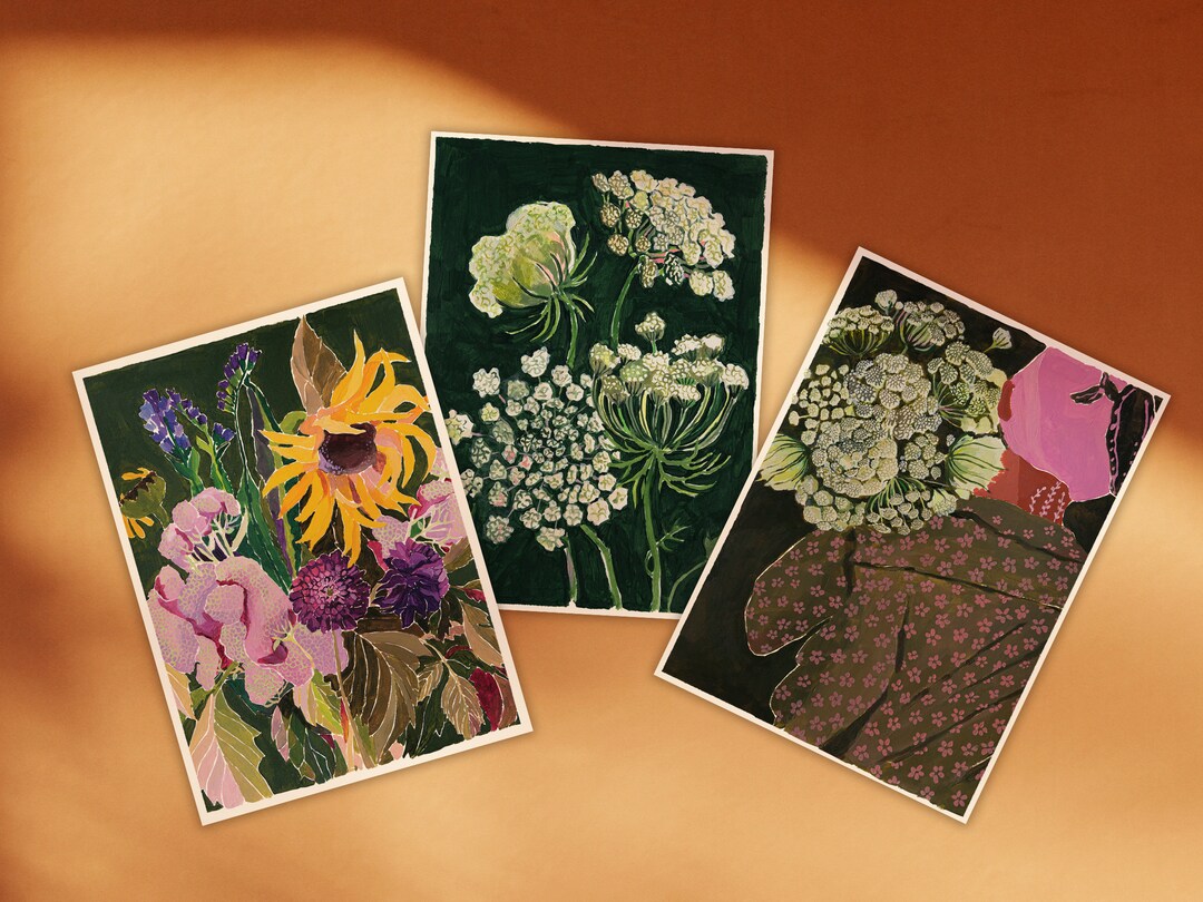 Set of Three Flower Postcards, Illustrated Postcard, Postcard Set ...