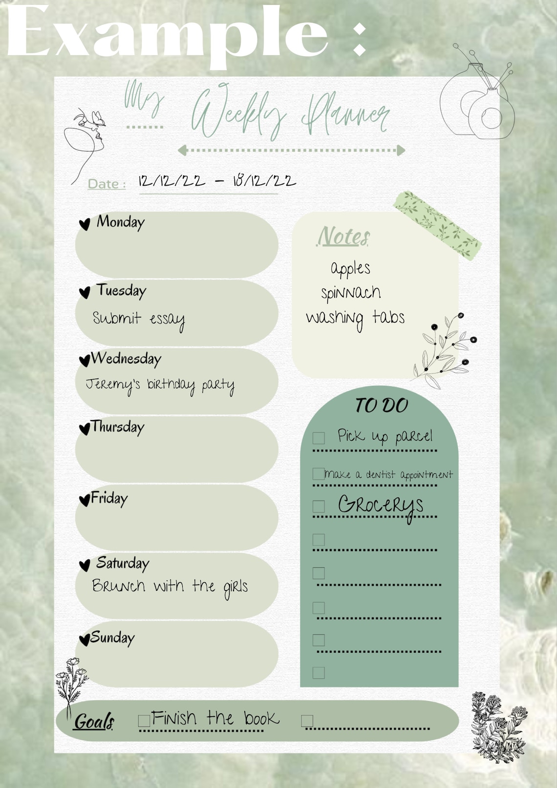 Printable Green Weekly Planner, Sage Green Week Planner,printable ...