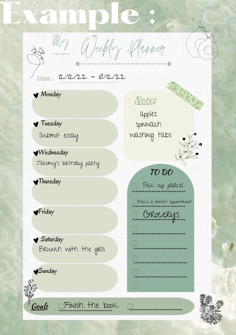 Printable Green Weekly Planner, Sage Green Week Planner,printable ...