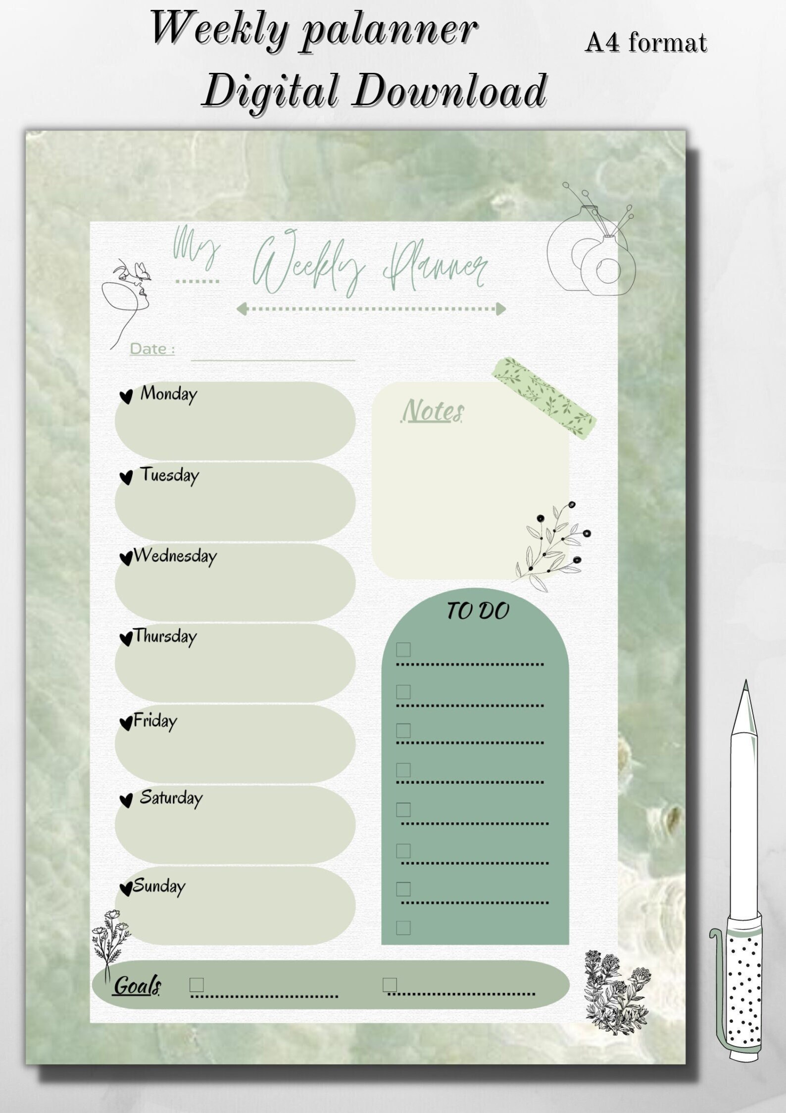 Printable Green Weekly Planner, Sage Green Week Planner,printable ...