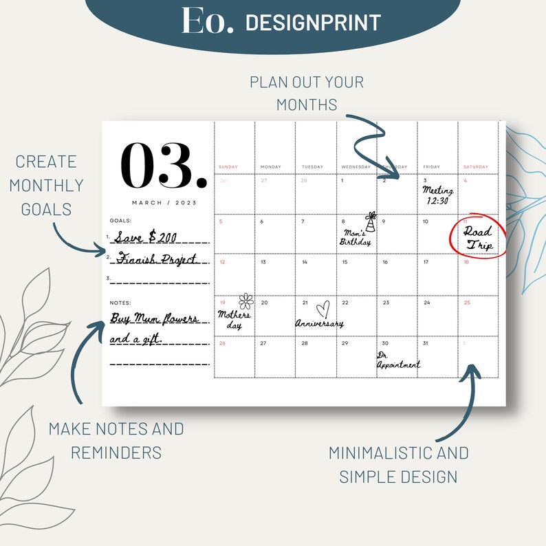 2023 CALENDAR INSTANT DOWNLOAD. Minimalistic Simple Digital Printable ...