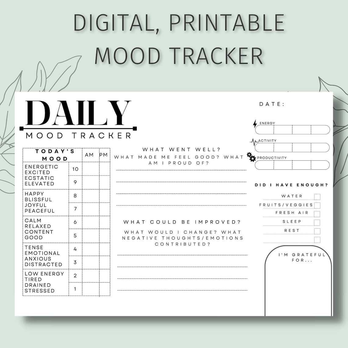 DIGITAL MOOD TRACKER. Instant Download Digital Printable Daily Mood ...