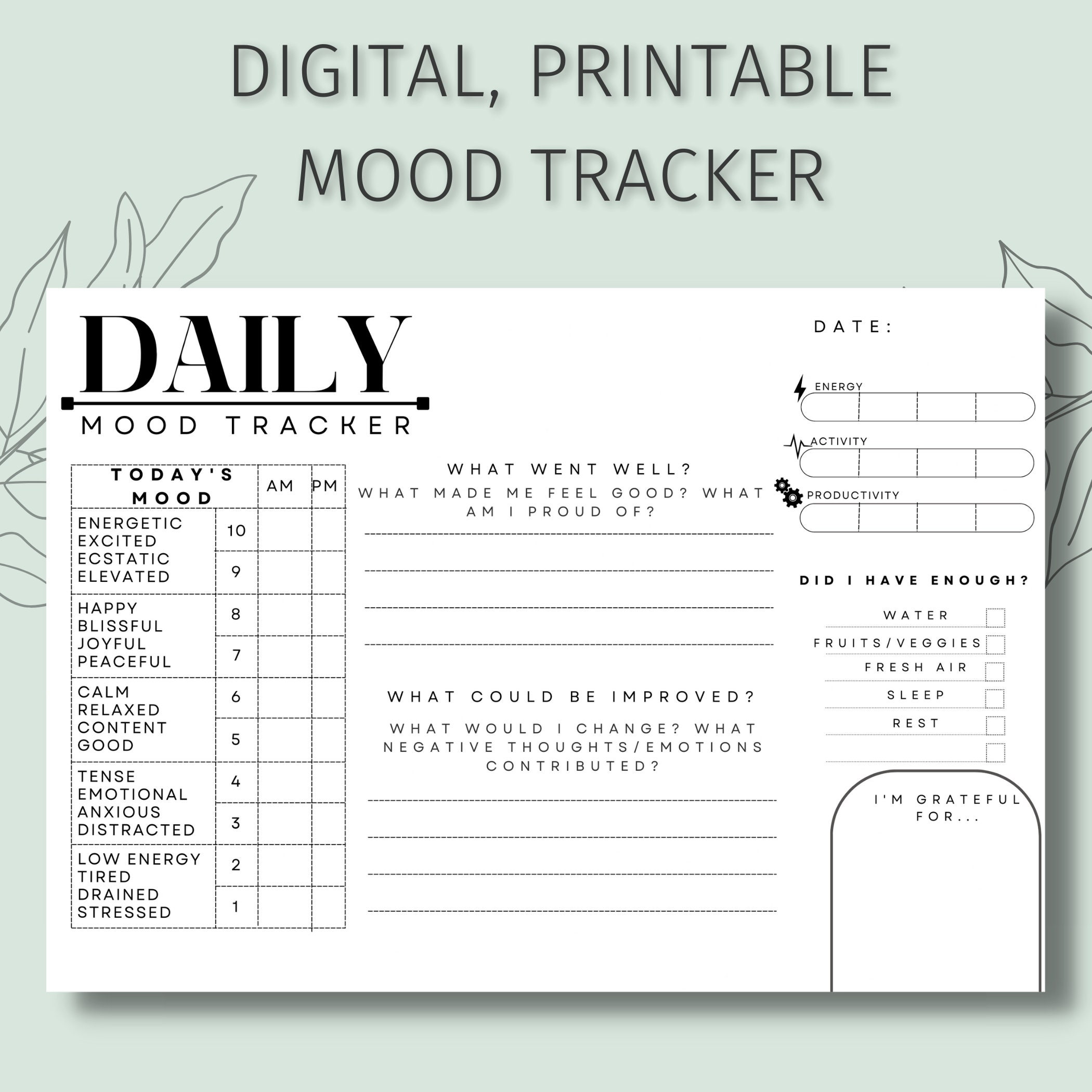 DIGITAL MOOD TRACKER. Instant Download Digital Printable Daily Mood ...