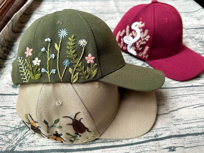 Hand-embroidered Insect Baseball Cap: Wildflower Botanical Design - Etsy