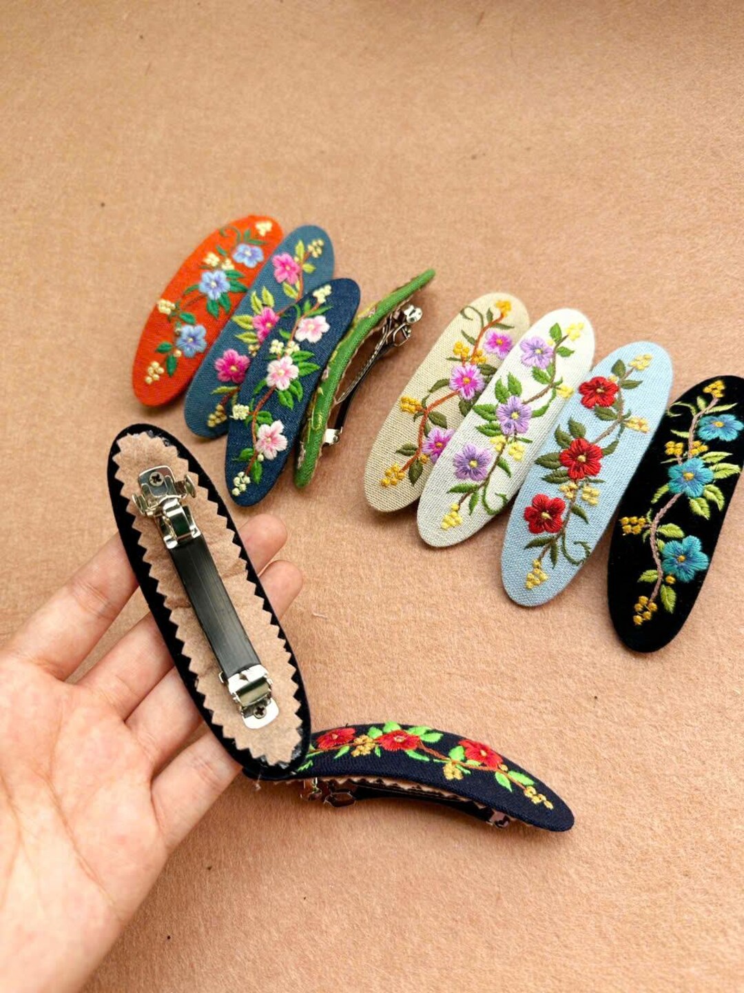50 Designs of Elegant Floral Oversized Embroidered Hair Clip, Linen ...