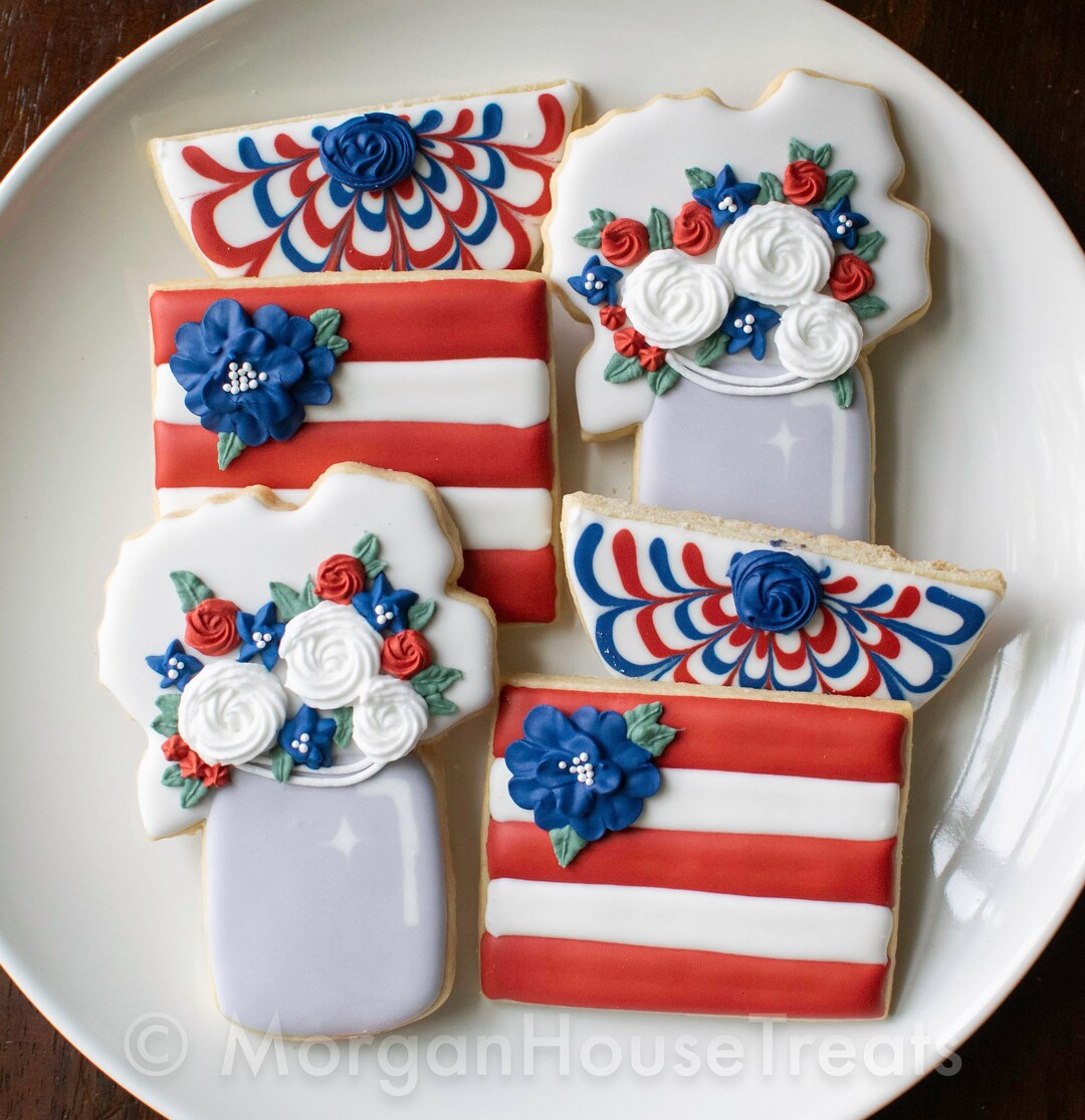 Patriotic Floral Sugar Cookies, Set of 6 Decorated Almond Flavor ...