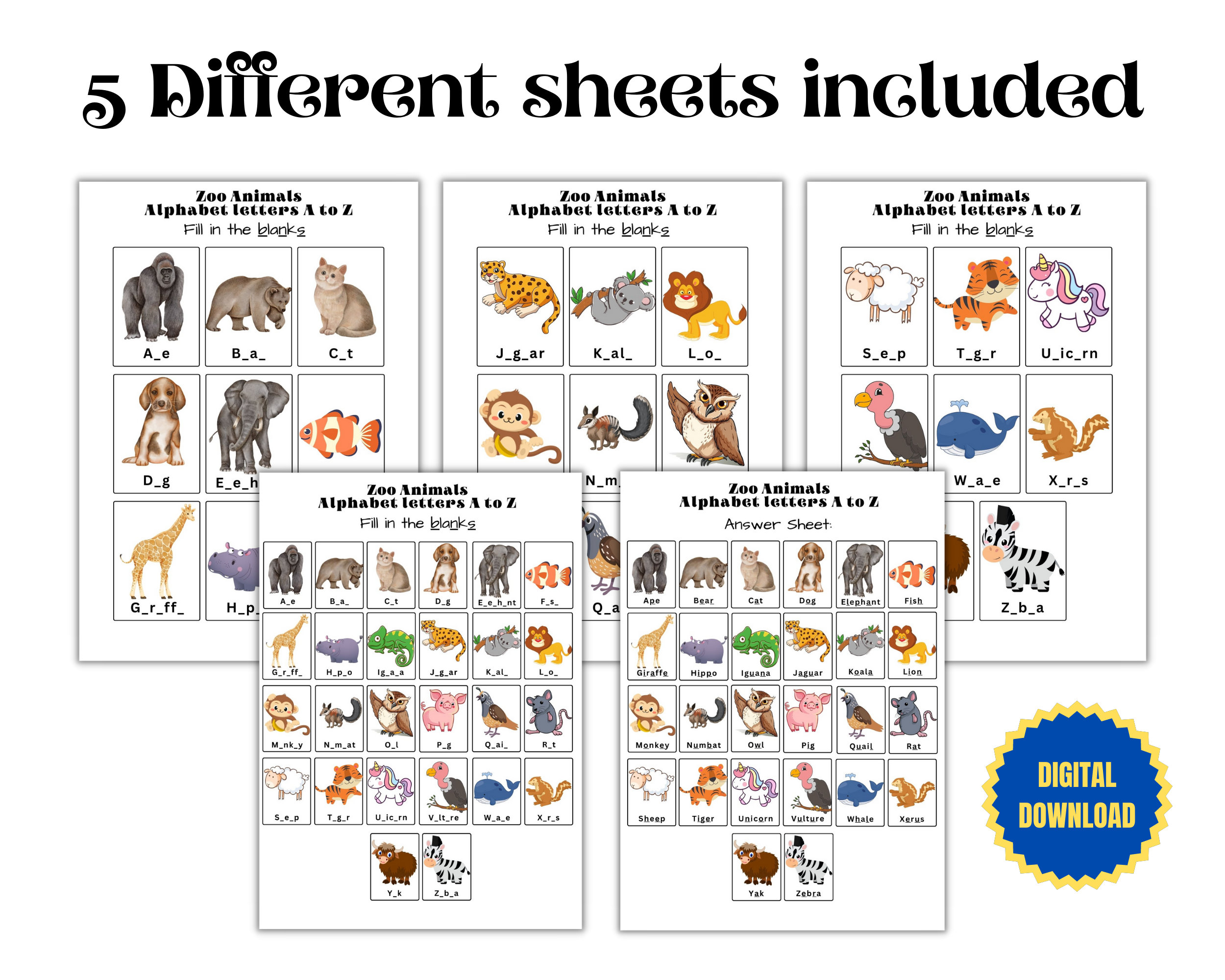 Educational Activity | Fill in the Blanks | Zoo Animals Alphabet ...