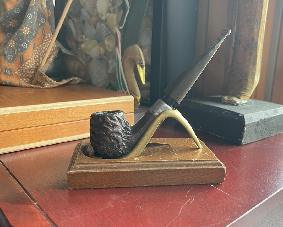 Vintage 60s Pipe Stand, Mid-century Brass Wood Pipe Stand, Tobacco Pipe ...