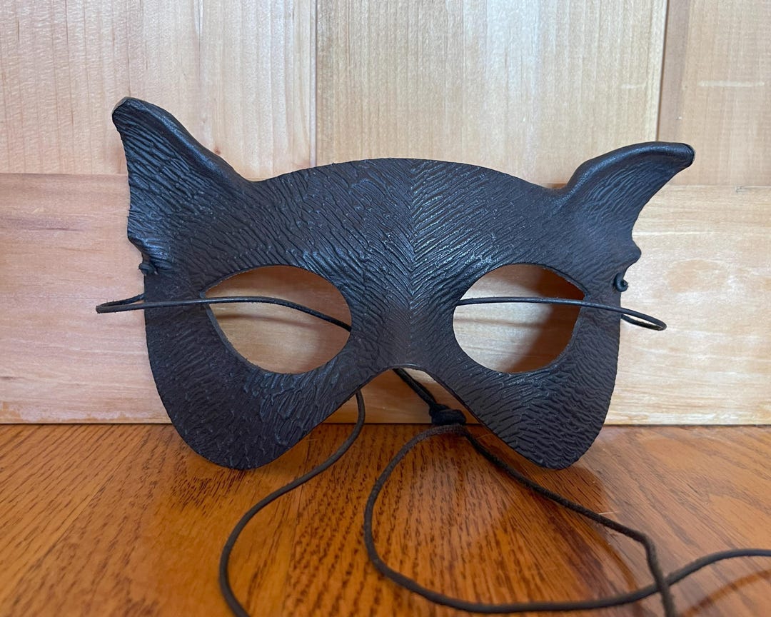 Vintage 2004 Embossed Black Leather Cat Mask, Carnival Masquerade Mardi ...