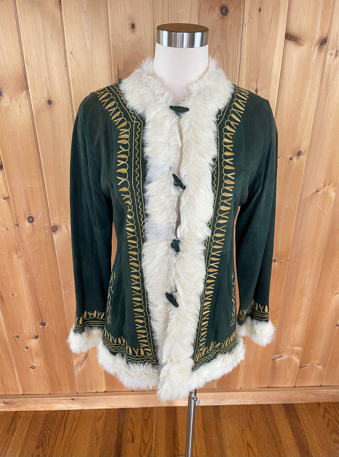 Vintage Embroidered Forest Green Suede White Rabbit Fur Trim Afghan ...
