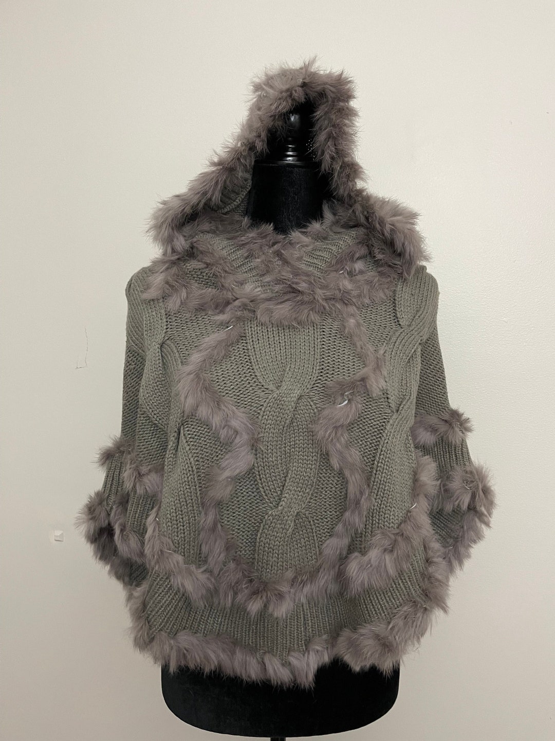 Vintage Cable Knit Rabbit Fur Hooded Poncho Cape Gray Rabbit Fur Cable ...