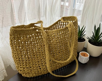Paper Yarn Bag, Hand-knitted Tote, Crochet Raffia Tote, Mother's Day ...