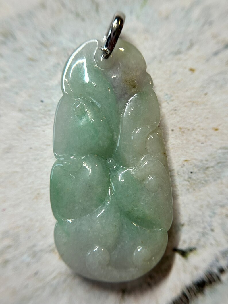 Burma Jadeite Pendant: Icy Green, Lavender, Fish & Flower Carving - Etsy