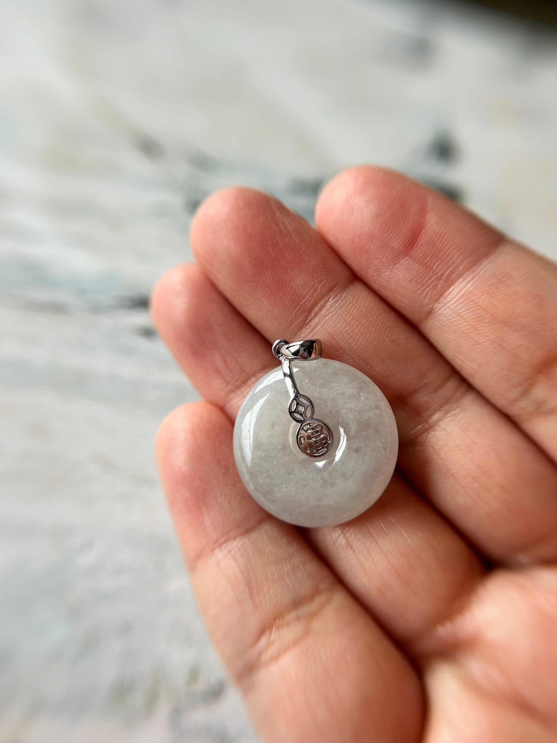 Grade A Natura White Jadeite Pi Disc ( Peng on Kou, Donut) Pendant With ...