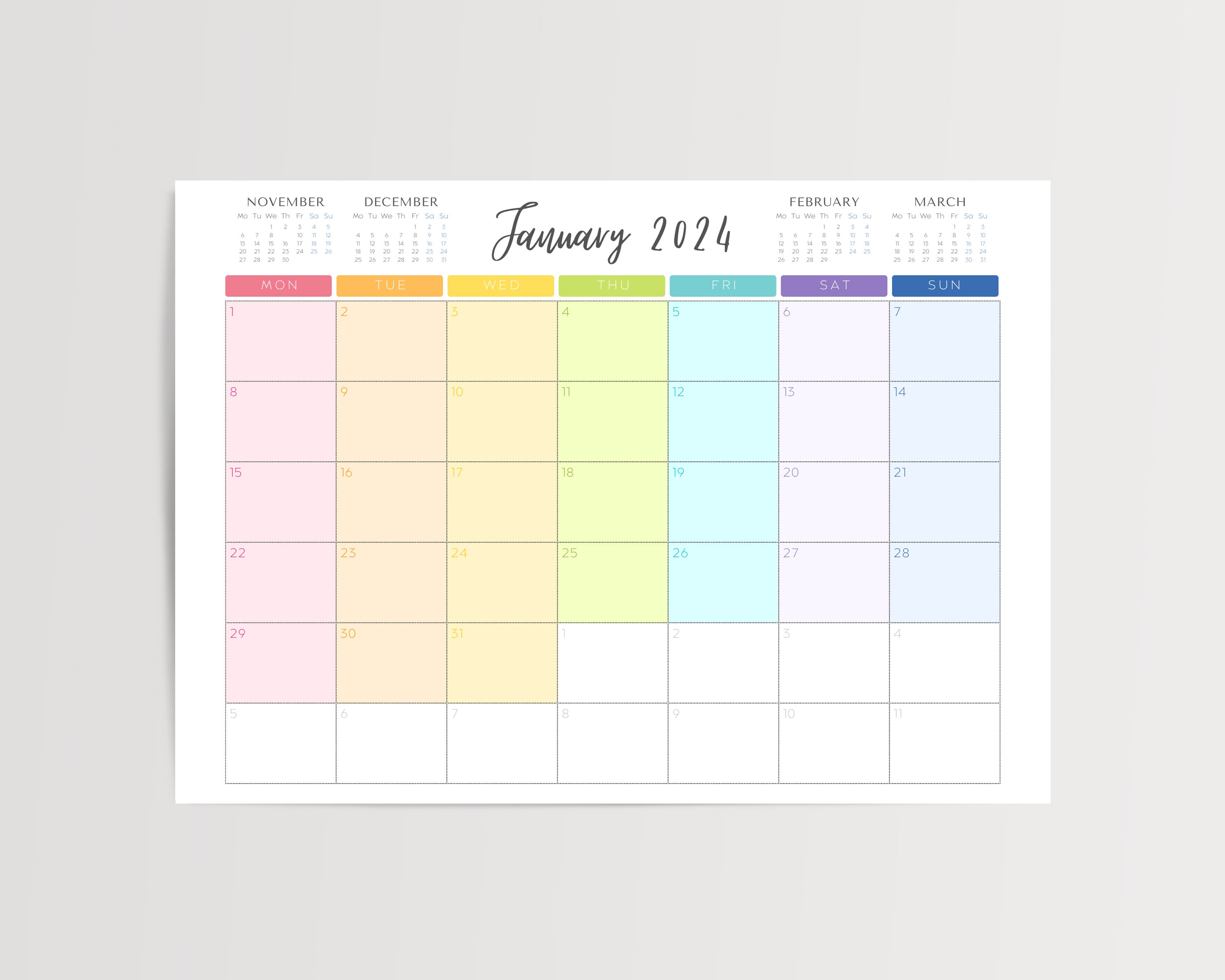2024 Printable Rainbow Monthly Calendar PDF Digital File A4 & A3 Sizes ...