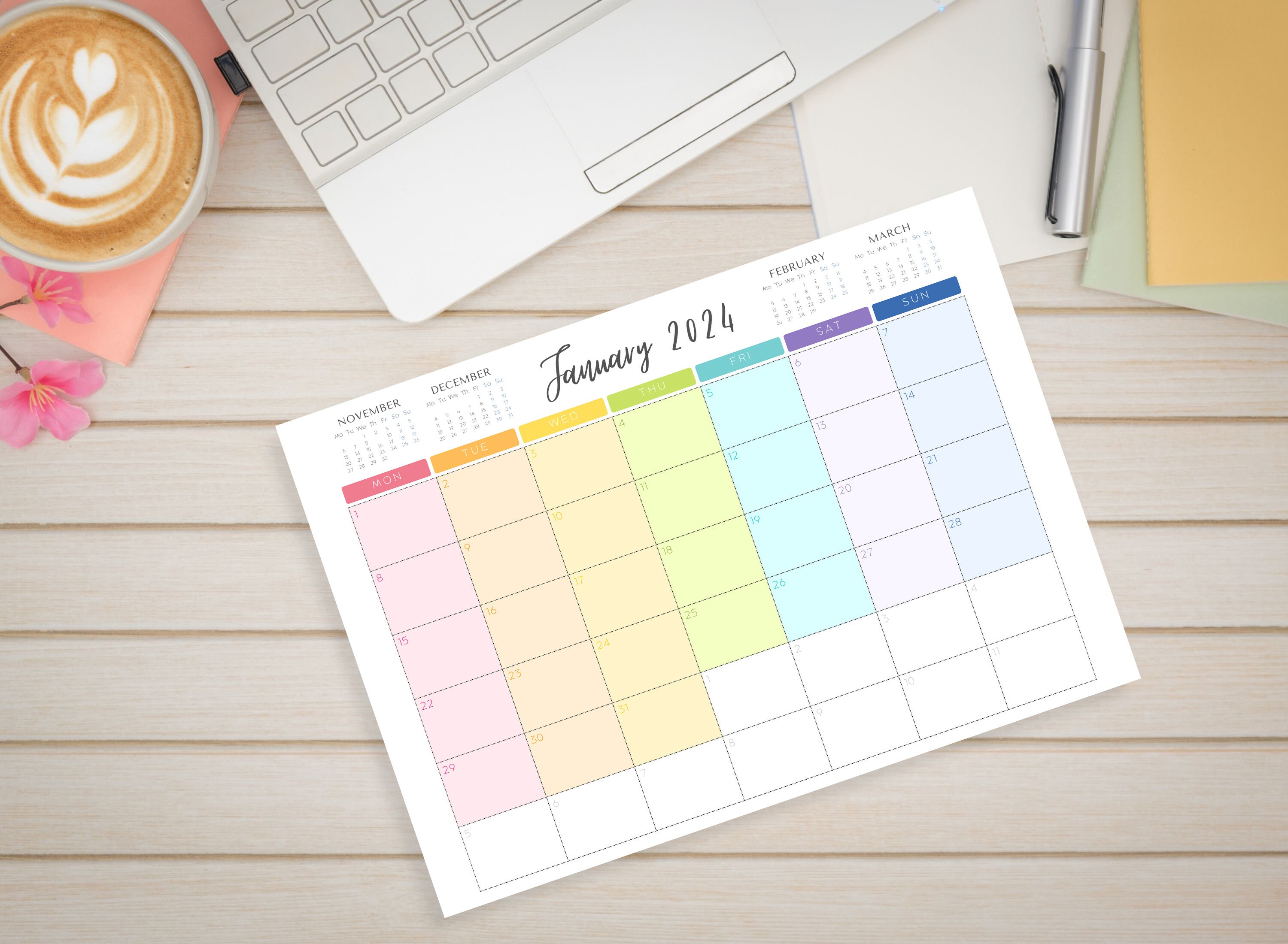 2024 Printable Rainbow Monthly Calendar PDF Digital File A4 & A3 Sizes ...