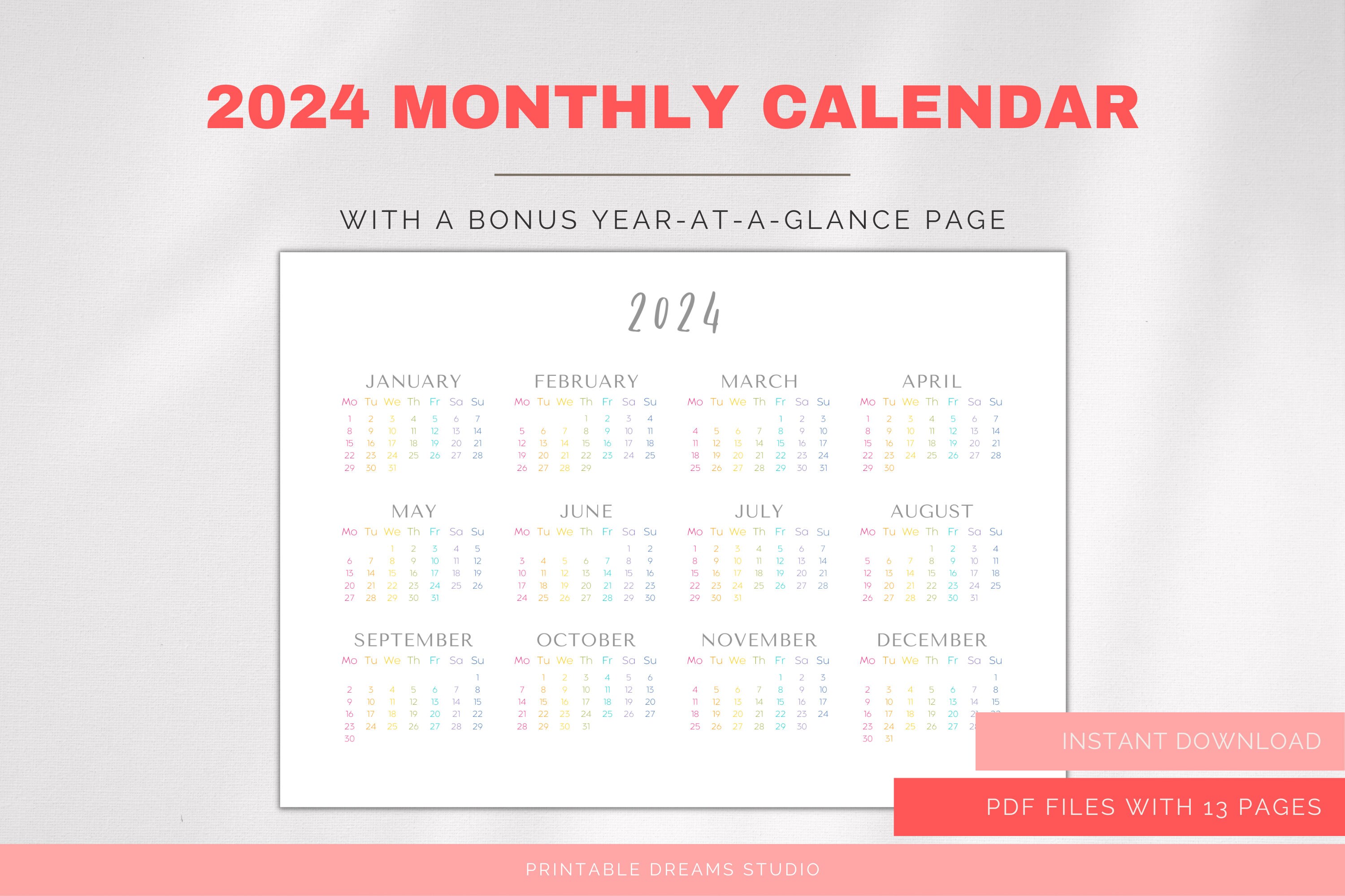 2024 Printable Rainbow Monthly Calendar PDF Digital File A4 & A3 Sizes ...