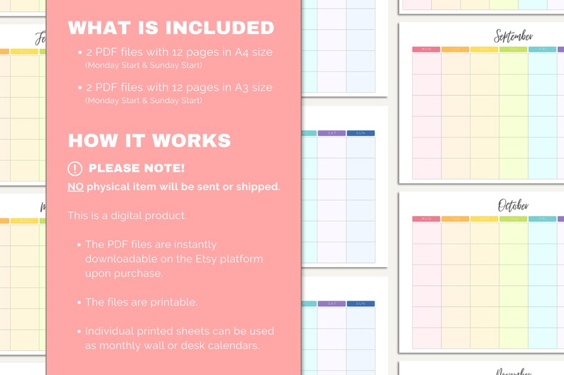 Printable Blank Undated Reusable Rainbow Monthly Calendar PDF Digital ...