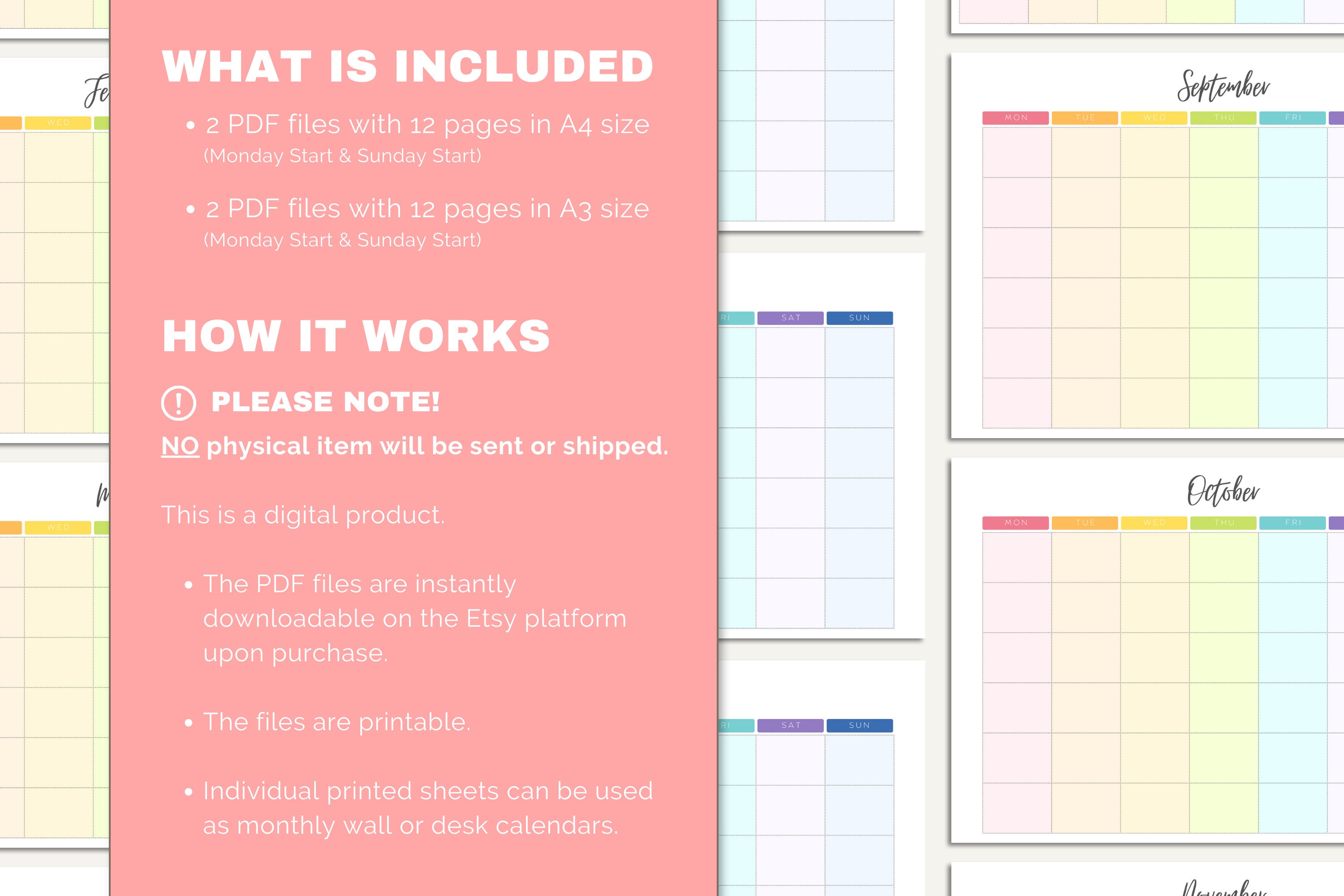 Printable Blank Undated Reusable Rainbow Monthly Calendar PDF Digital ...