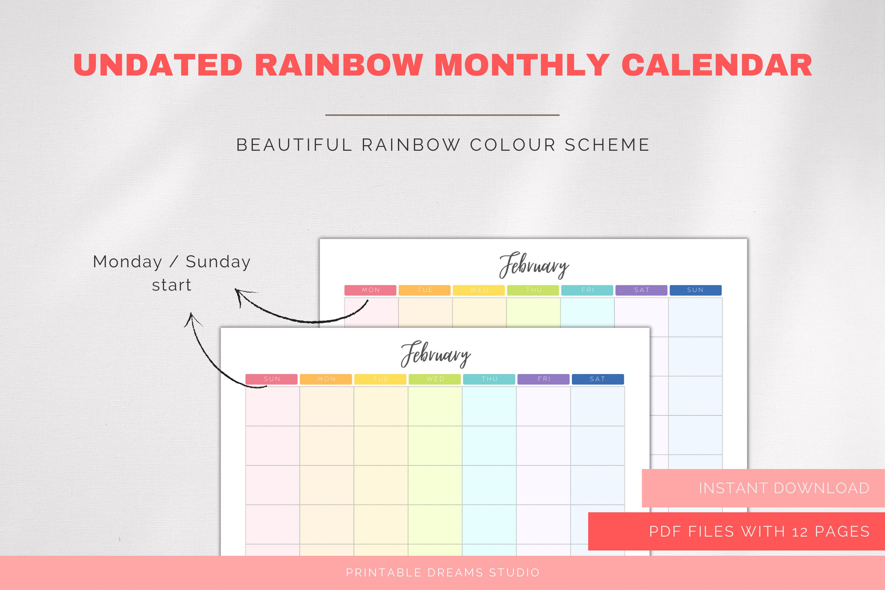 Printable Blank Undated Reusable Rainbow Monthly Calendar PDF Digital ...
