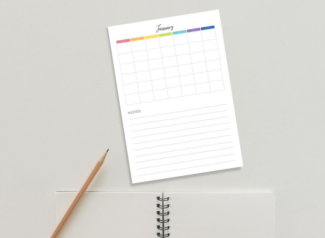 Printable Blank Undated Reusable Rainbow Monthly Calendar With Notes ...
