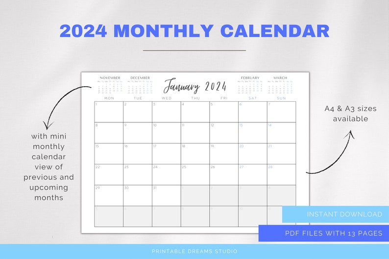 2024 Printable Monthly Calendar PDF Digital File A4 & A3 Sizes With ...