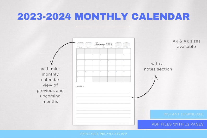 2023-2024 Printable Monthly Calendar With Notes Section PDF - Etsy