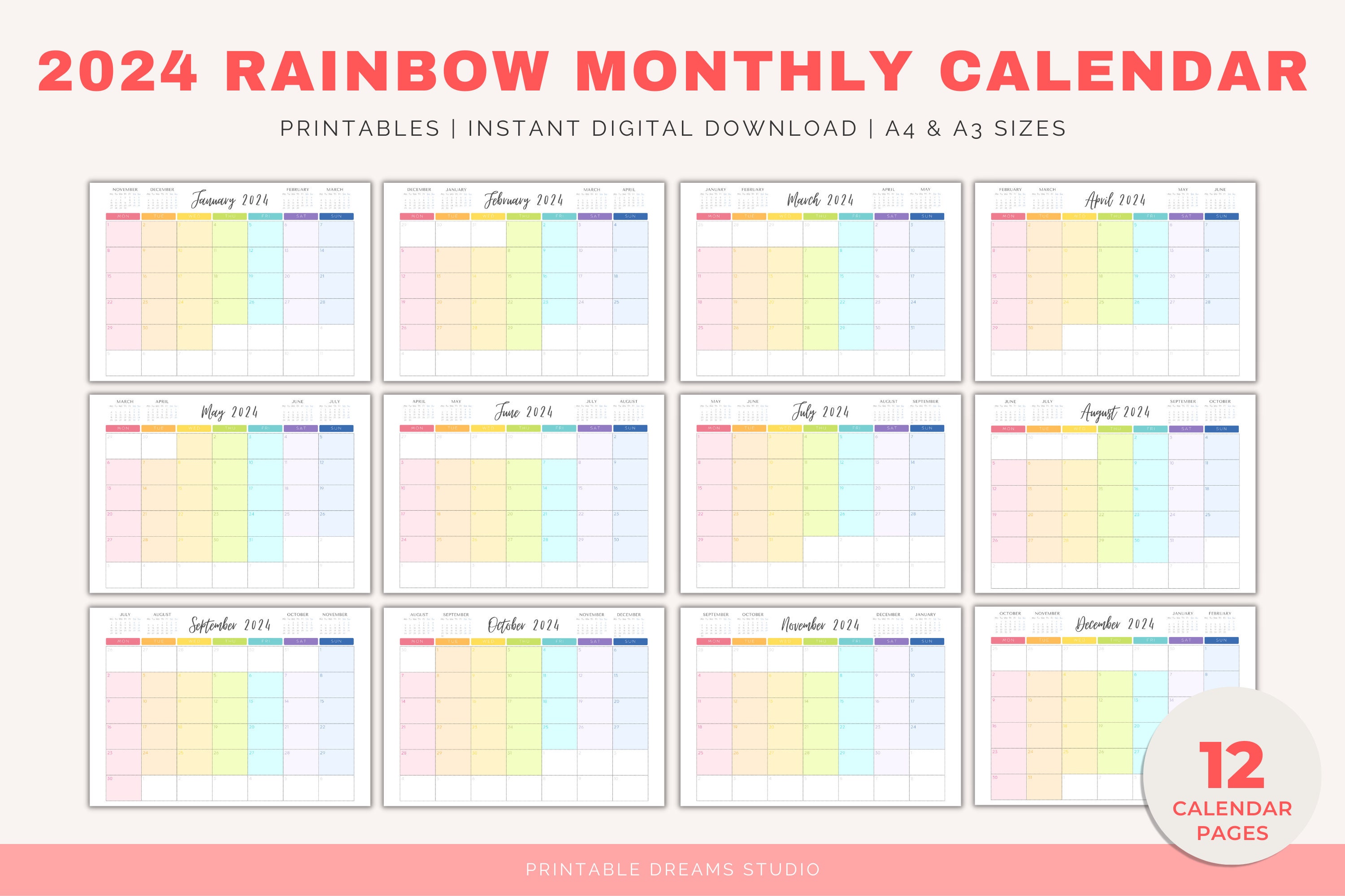 2024 Printable Rainbow Monthly Calendar PDF Digital File A4 & A3 Sizes ...
