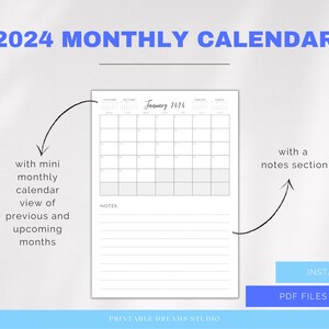 2024 Printable Monthly Calendar With Notes Section PDF - Etsy