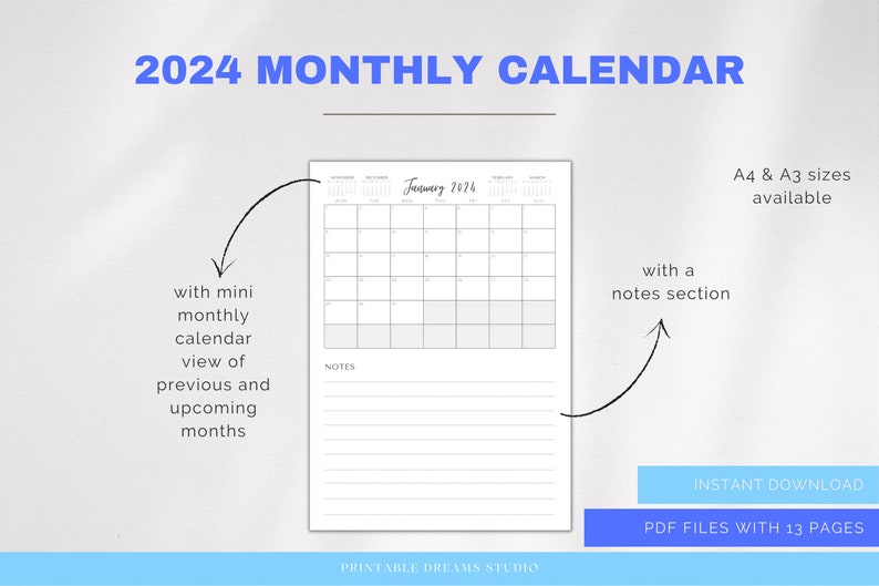2024 Printable Monthly Calendar With Notes Section PDF - Etsy