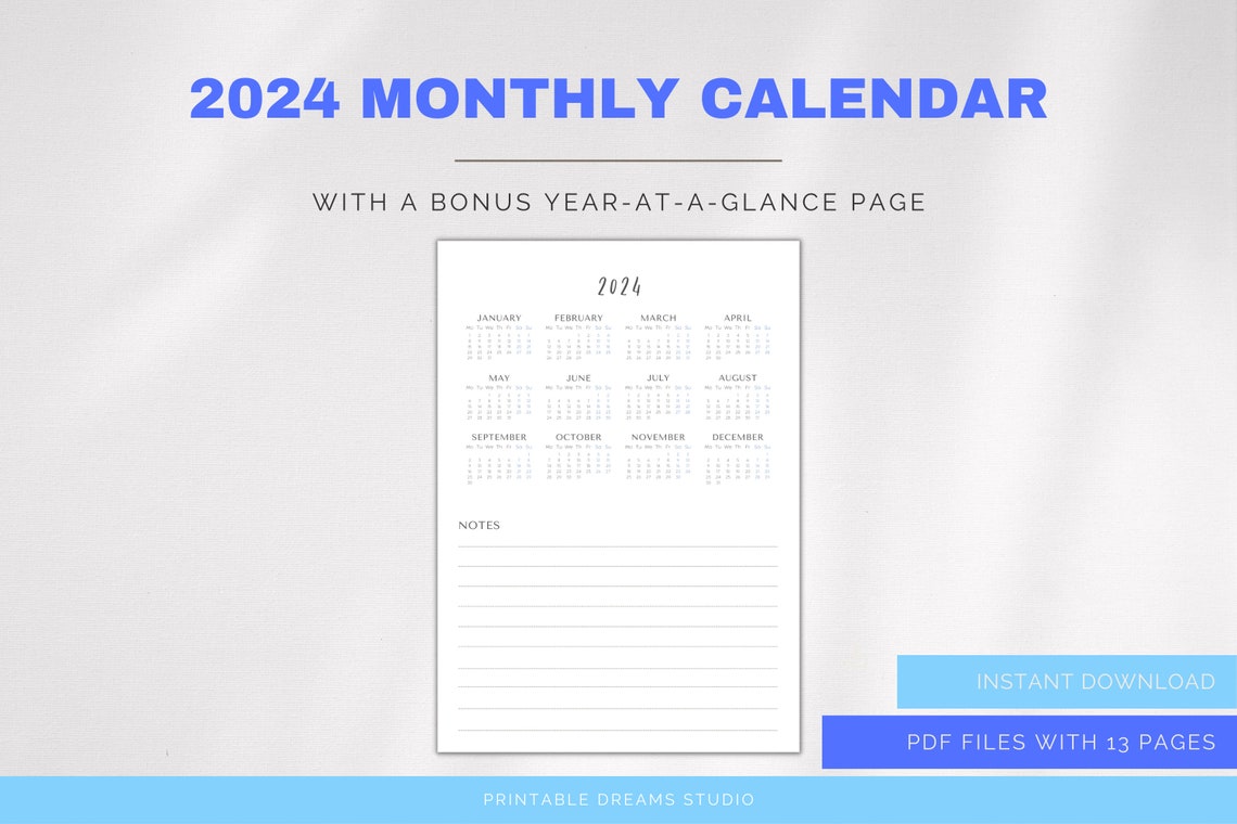 2024 Printable Monthly Calendar With Notes Section PDF - Etsy