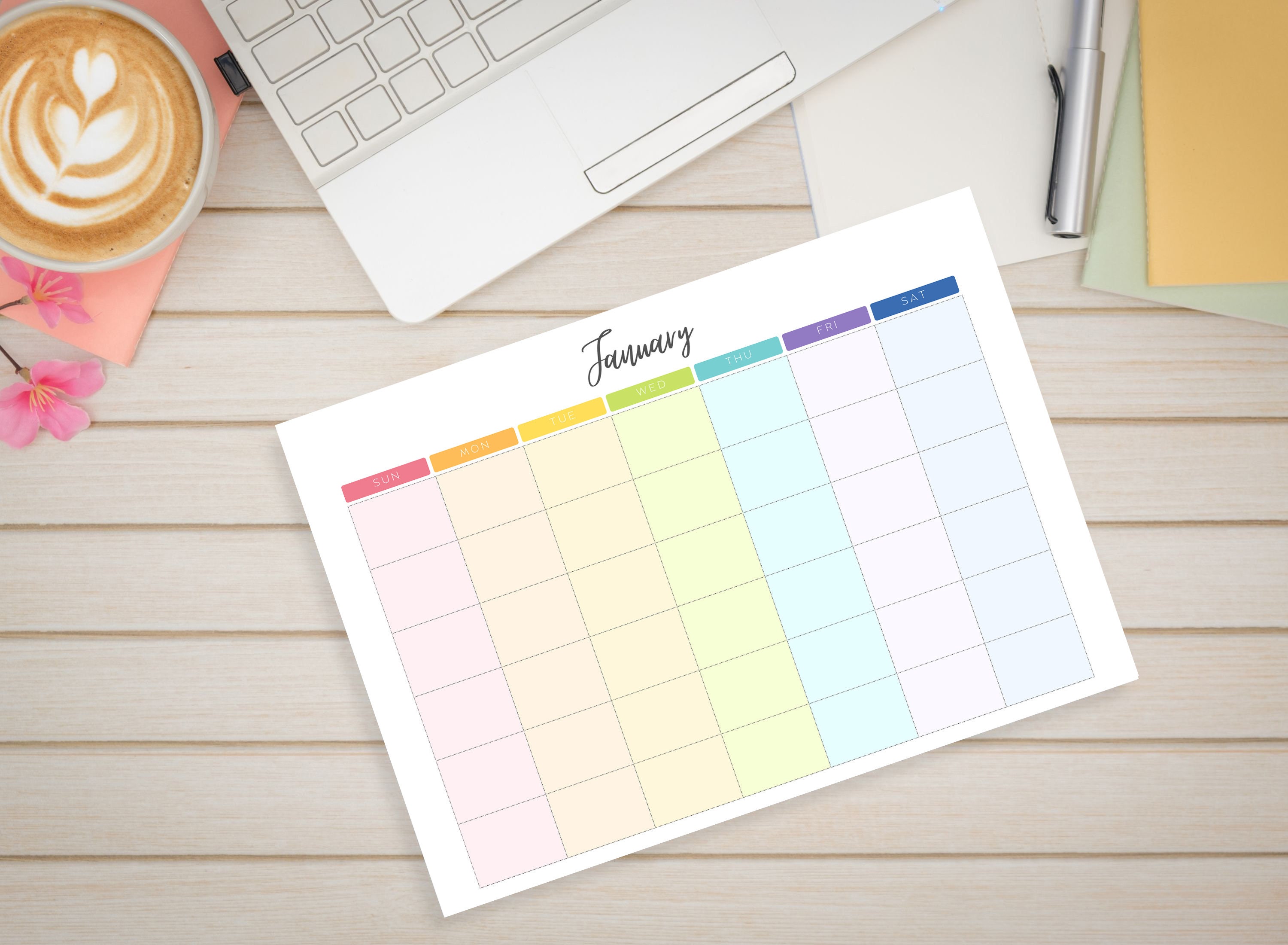 Printable Blank Undated Reusable Rainbow Monthly Calendar PDF Digital ...