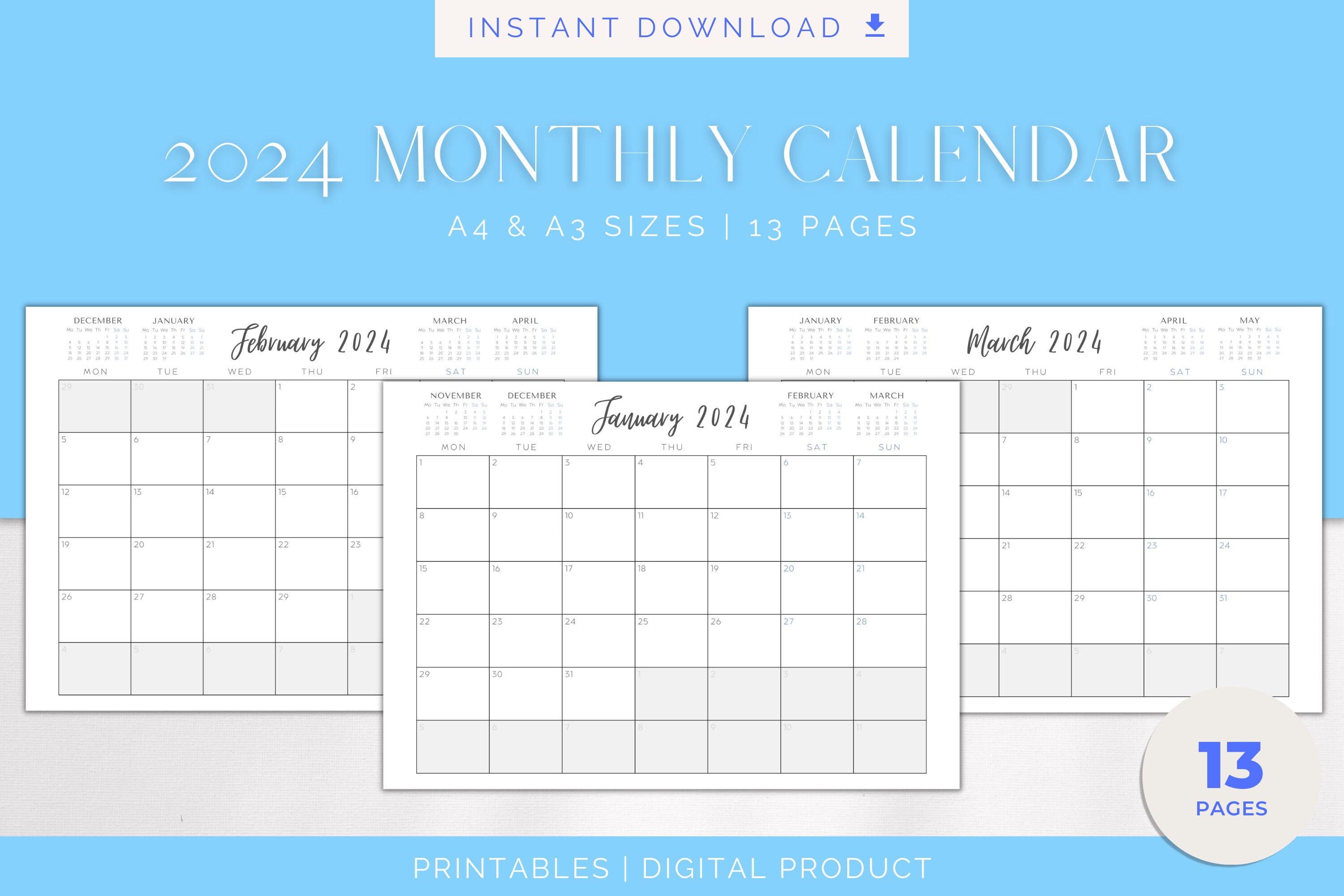 2024 Printable Monthly Calendar PDF Digital File A4 & A3 - Etsy UK