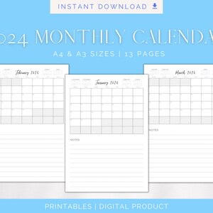 2024 Printable Monthly Calendar With Notes Section PDF - Etsy