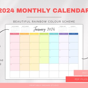 2024 Printable Rainbow Monthly Calendar PDF Digital File A4 & A3 Sizes ...