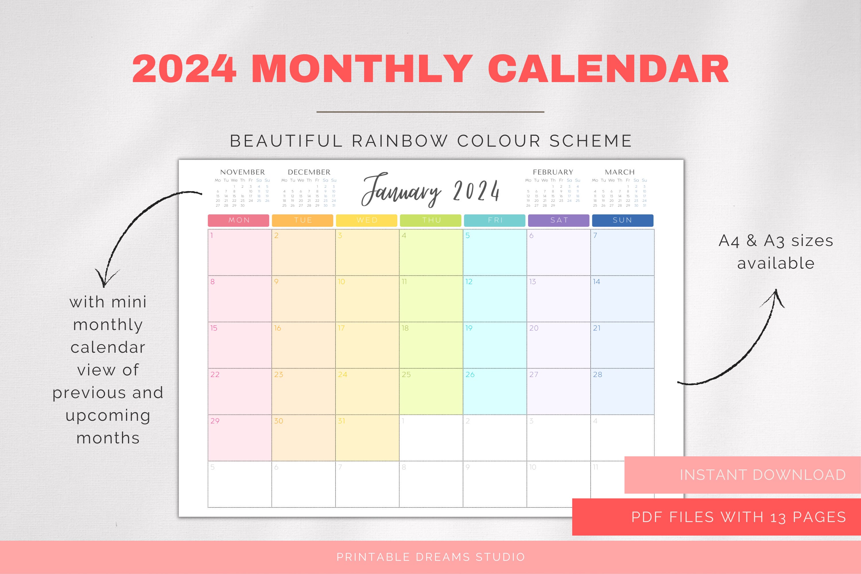 2024 Printable Rainbow Monthly Calendar PDF Digital File A4 & A3 Sizes ...