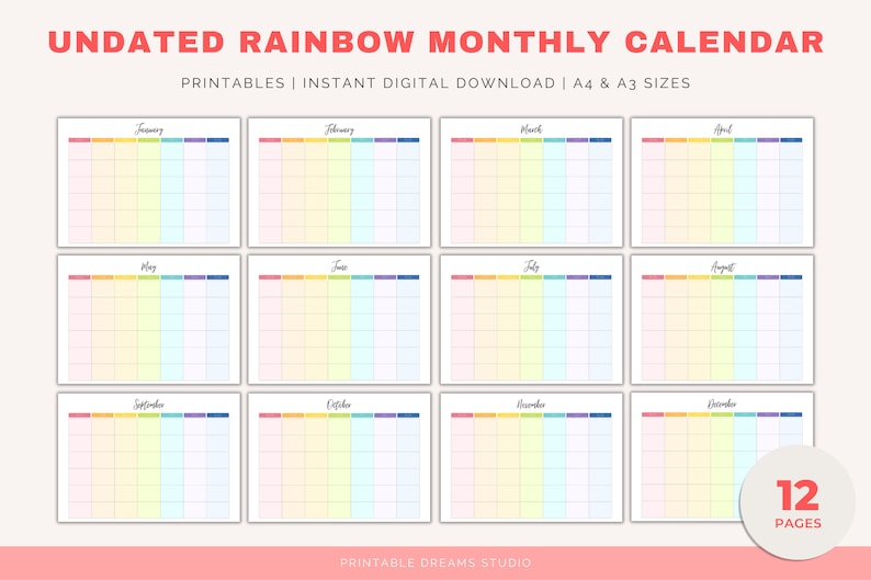 Printable Blank Undated Reusable Rainbow Monthly Calendar PDF Digital ...