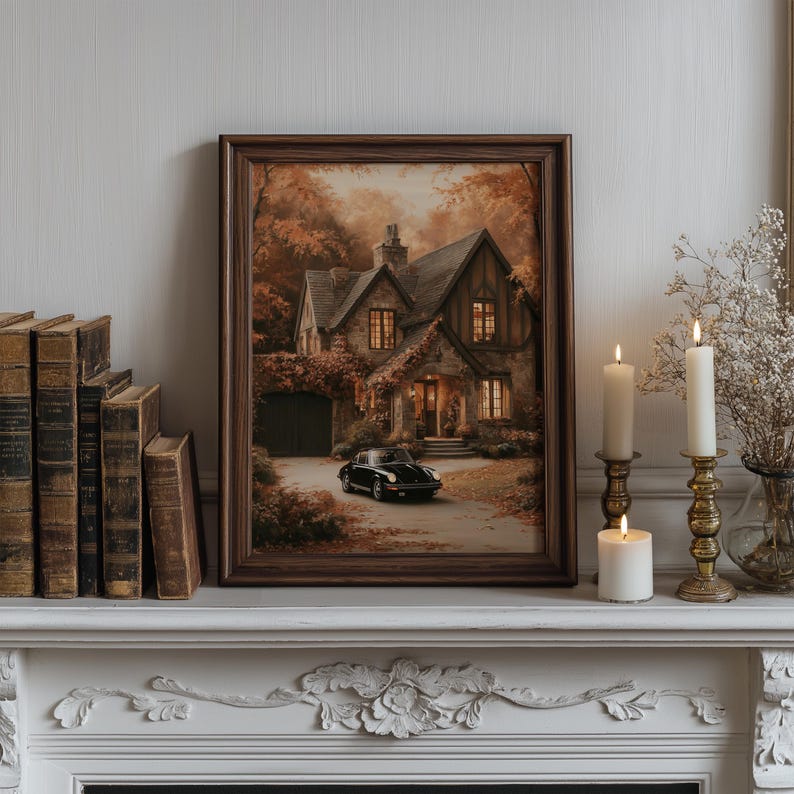 Vintage Car Autumn Cottage Wall Art Print With Fall Leaves | Moody Cozy ...