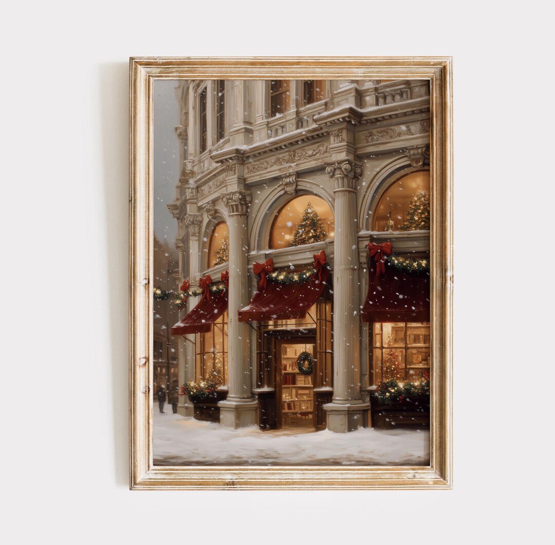 Vintage Christmas Bookstore Digital Print – Cozy Holiday Street Scene ...
